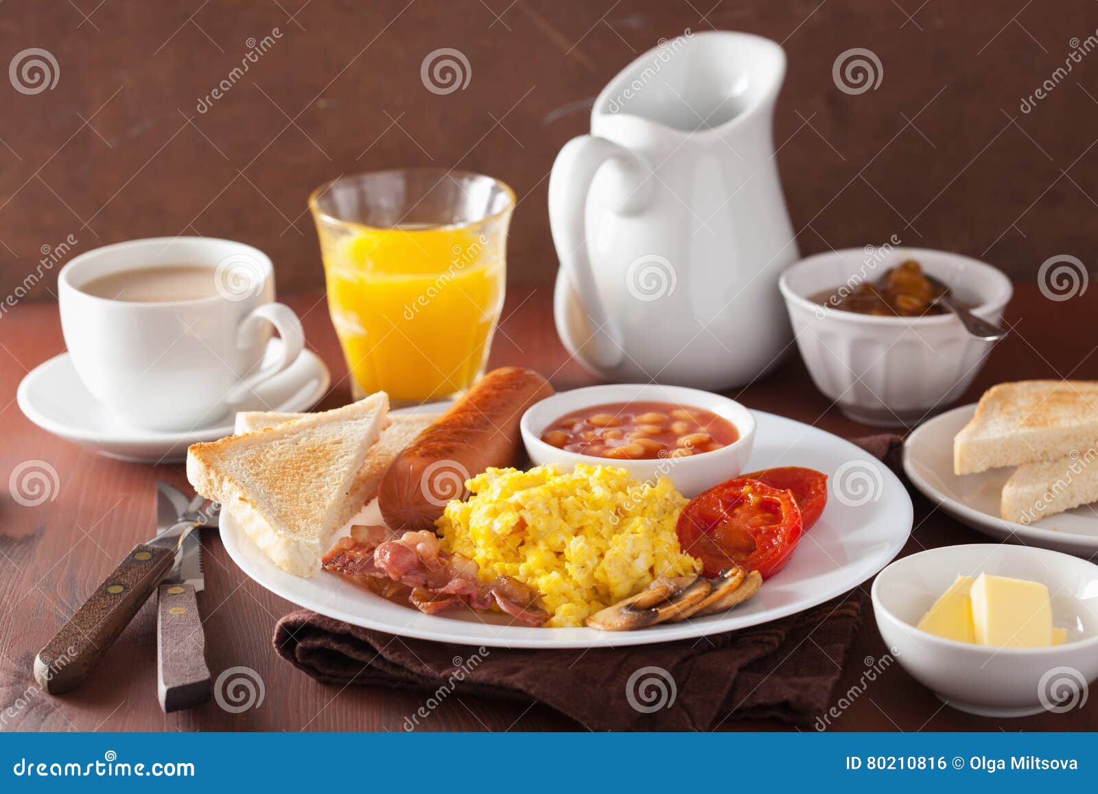 Full English Breakfast with Scrambled Eggs, Bacon, Sausage, Bean Stock ...