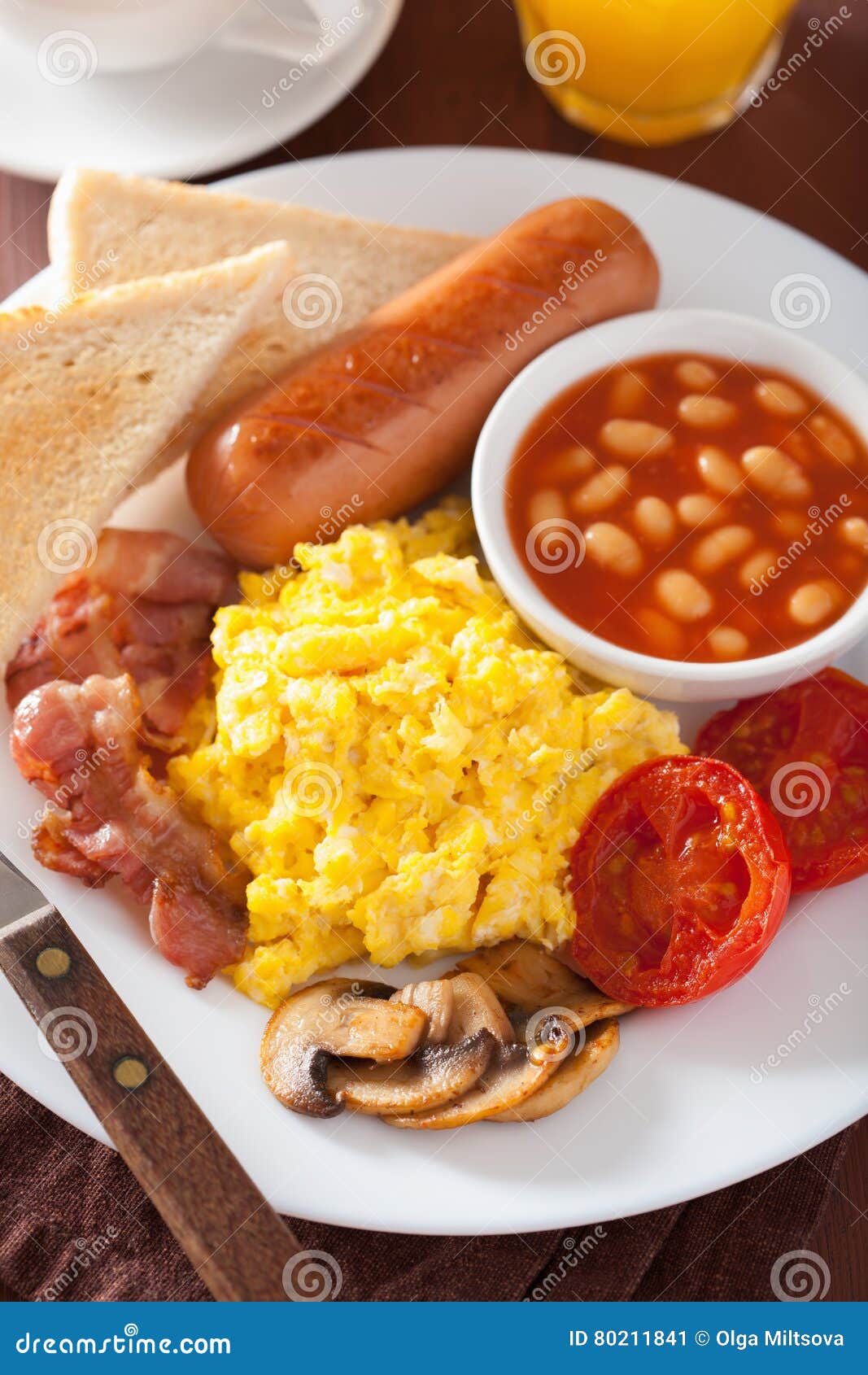 Full English Breakfast with Scrambled Eggs, Bacon, Sausage, Bean Stock ...