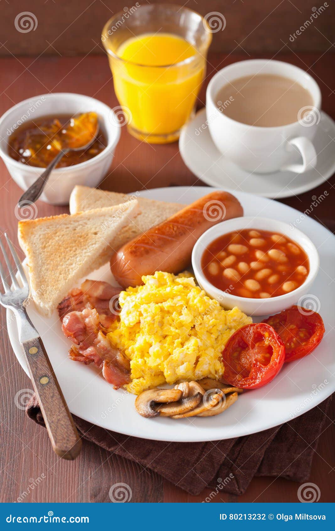 Full English Breakfast with Scrambled Eggs, Bacon, Sausage, Bean Stock ...