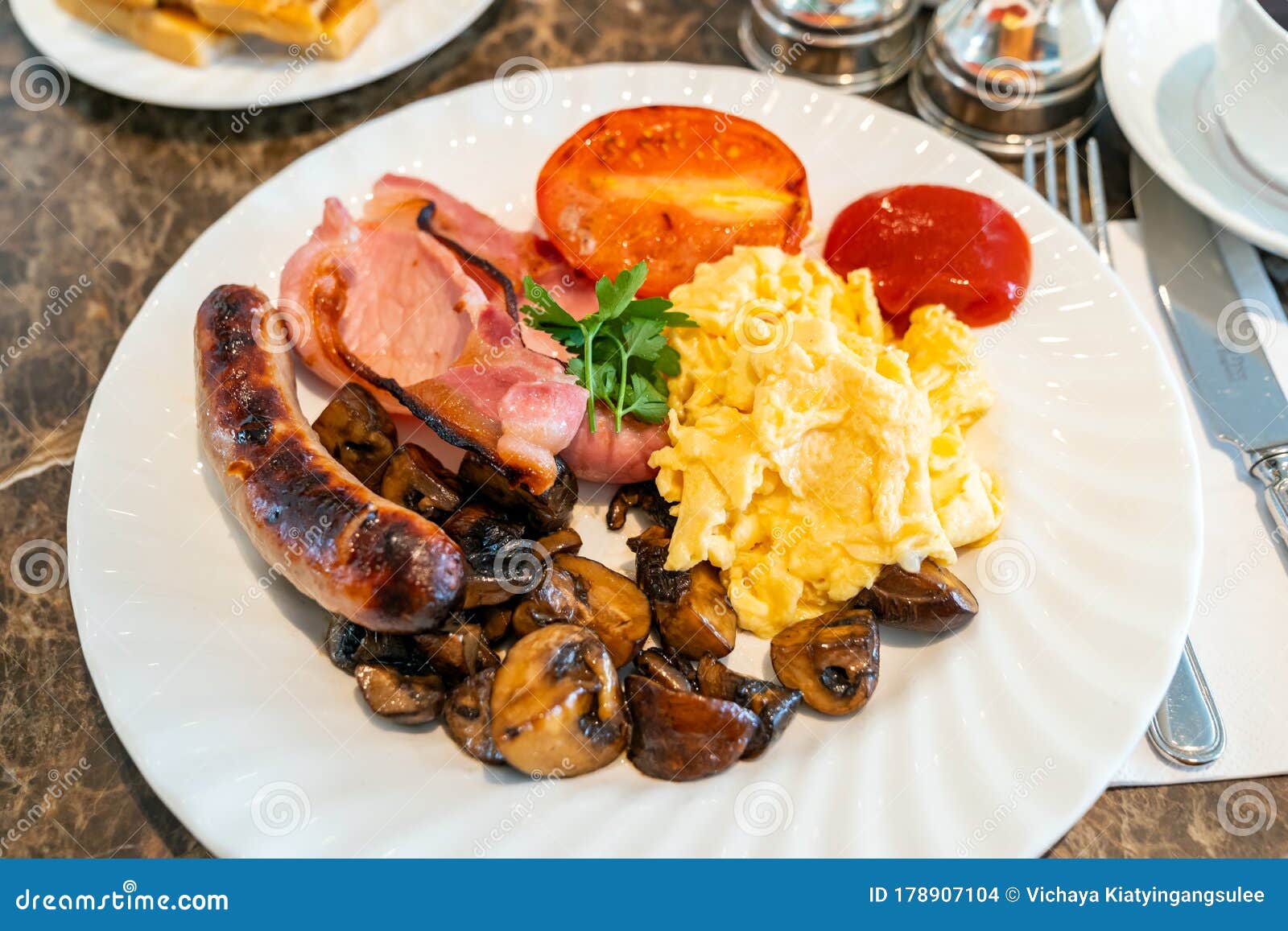 Full English Breakfast stock photo. Image of sauce, bacon - 178907104