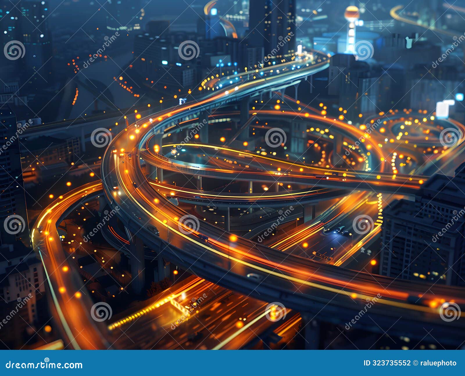 Full Frame of City Overpass at Night, Circular Flyover and Traffic ...