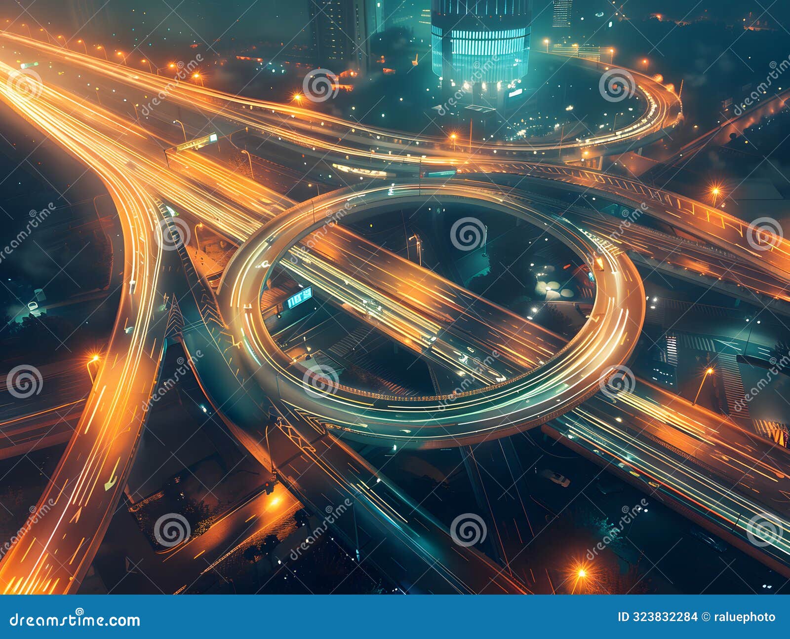 Full Frame of City Overpass at Night, Circular Flyover and Traffic ...