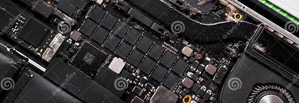 Full Frame Panorama of Disassembled Computer with Lot of Dust Closeup ...
