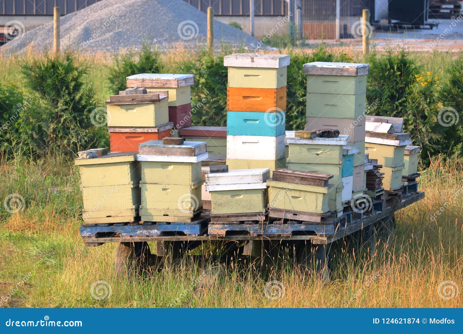 Flatbed Wagon and Beehive Boxes Stock Photo - Image of exterior, flat ...