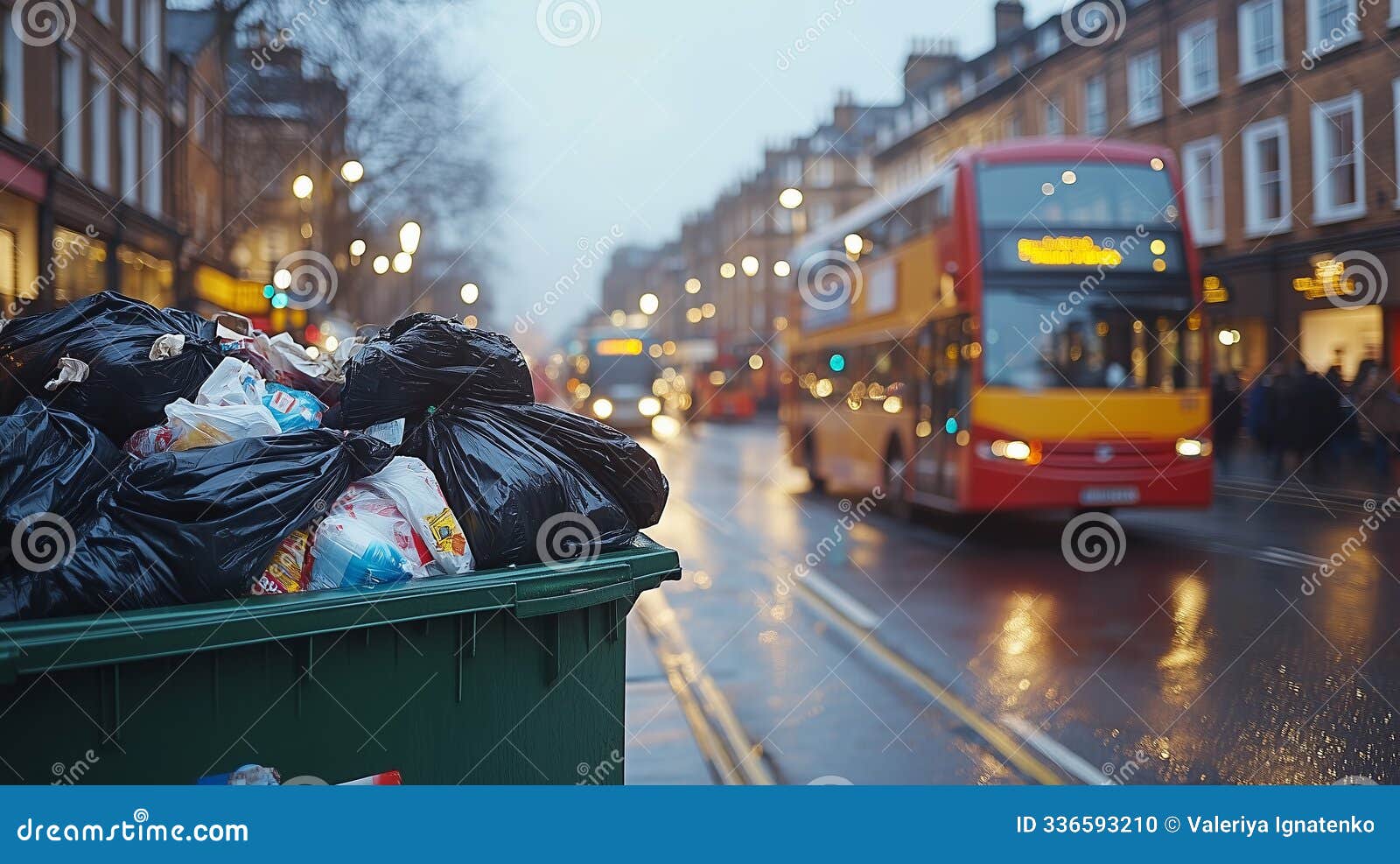 Full Garbage Bin and Black Plastic Trash Bags Around. Overflowing ...