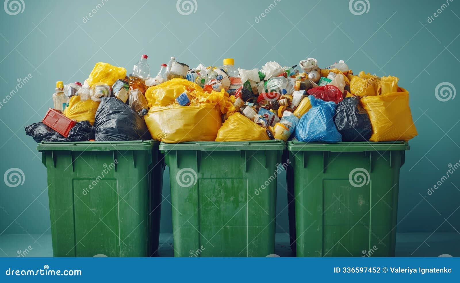 Full Garbage Bin and Black Plastic Trash Bags Around. Overflowing ...