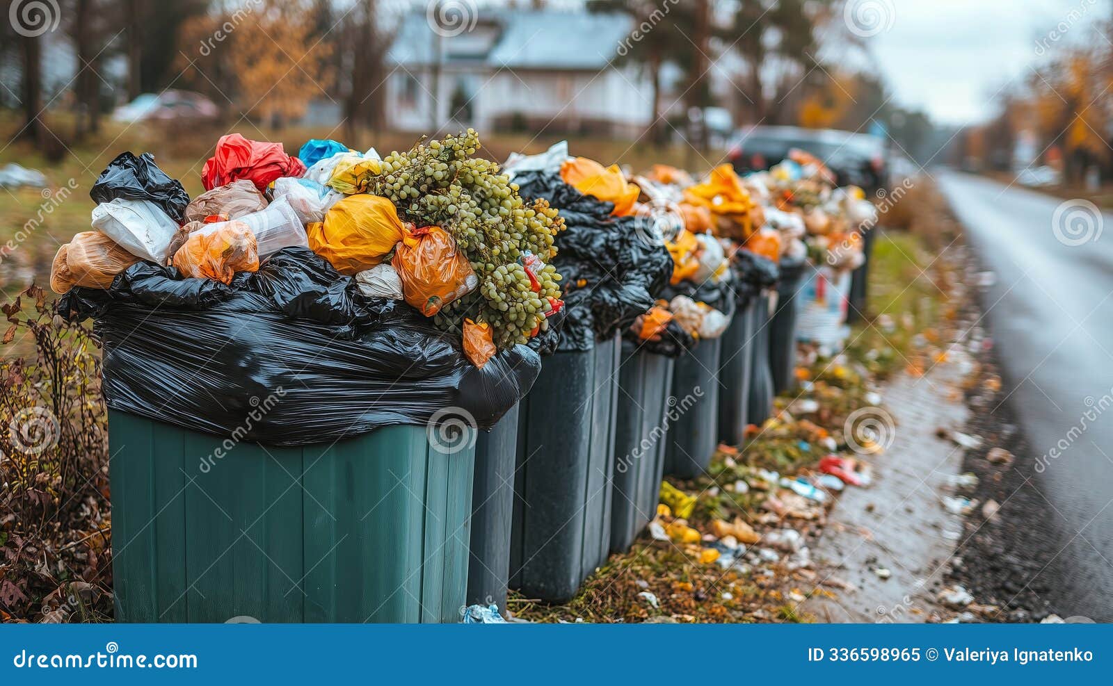 Full Garbage Bin and Black Plastic Trash Bags Around. Overflowing ...