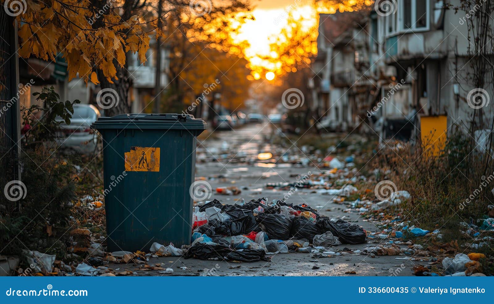 Full Garbage Bin and Black Plastic Trash Bags Around. Overflowing ...