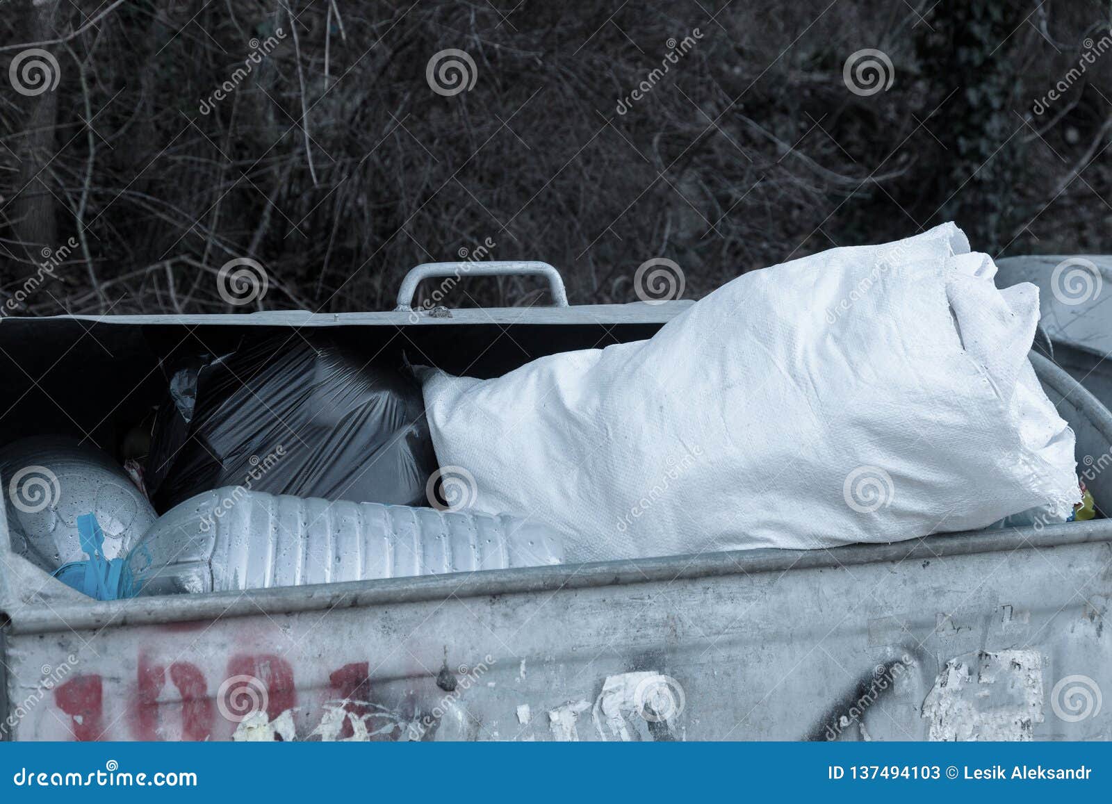 Full Garbage Cans with Garbage. Construction White Trash Bags Filled ...