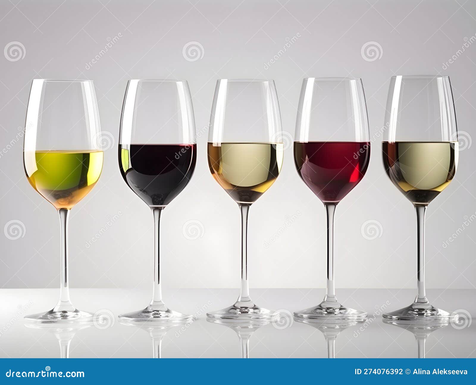 Full Glasses Set With Red White And Rose Wines Isolated On Gray Background Realistic