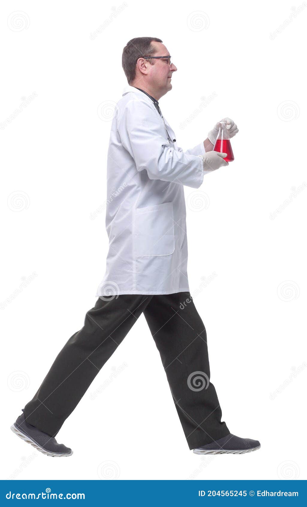 In Full Growth. Confident Scientist with a Laboratory Flask Striding ...