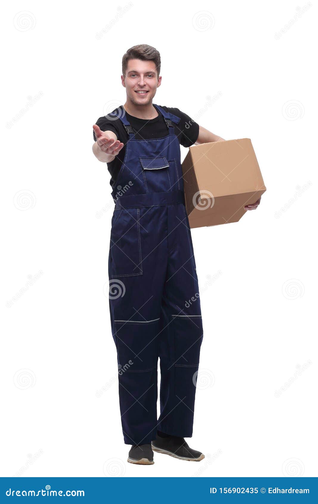 Friendly Worker with Cardboard Box. Isolated on White Stock Image ...