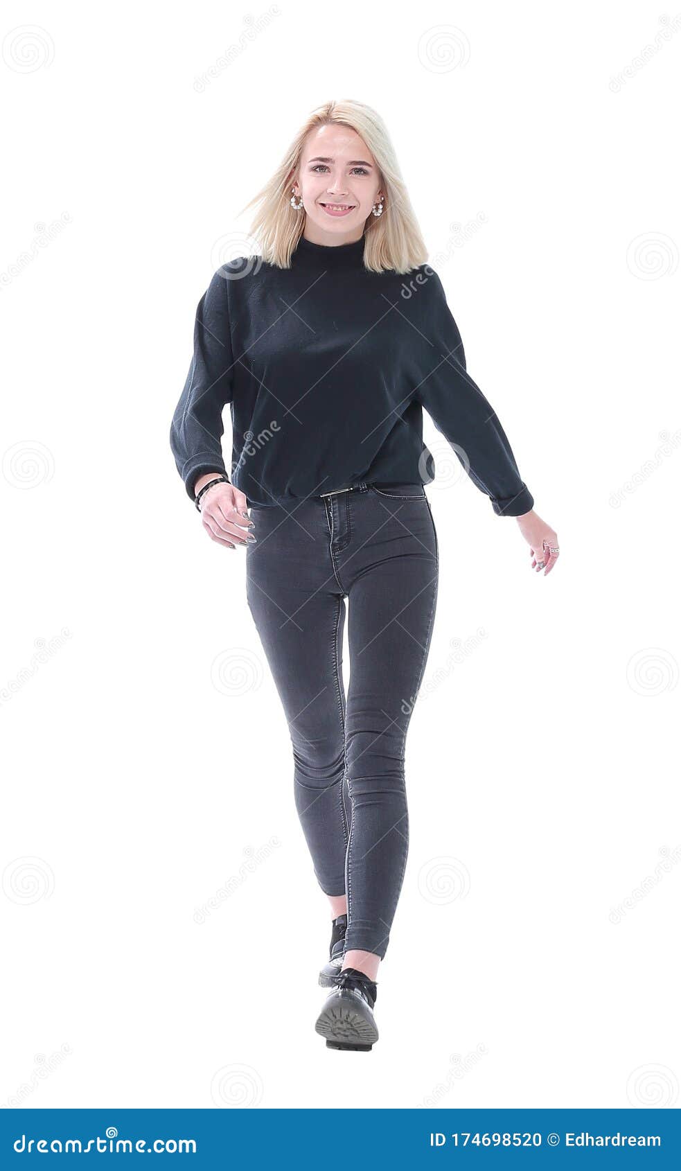 In Full Growth. Happy Young Woman Moving Forward Stock Photo - Image of ...