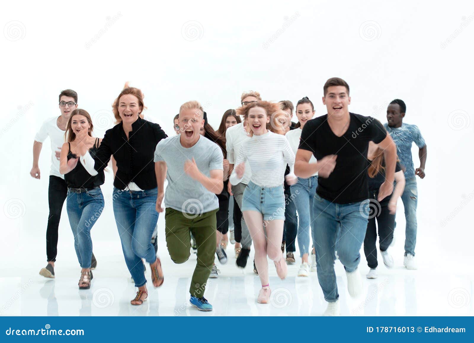 In Full Growth. Smiling Young People Quickly Run Forward Stock Image ...