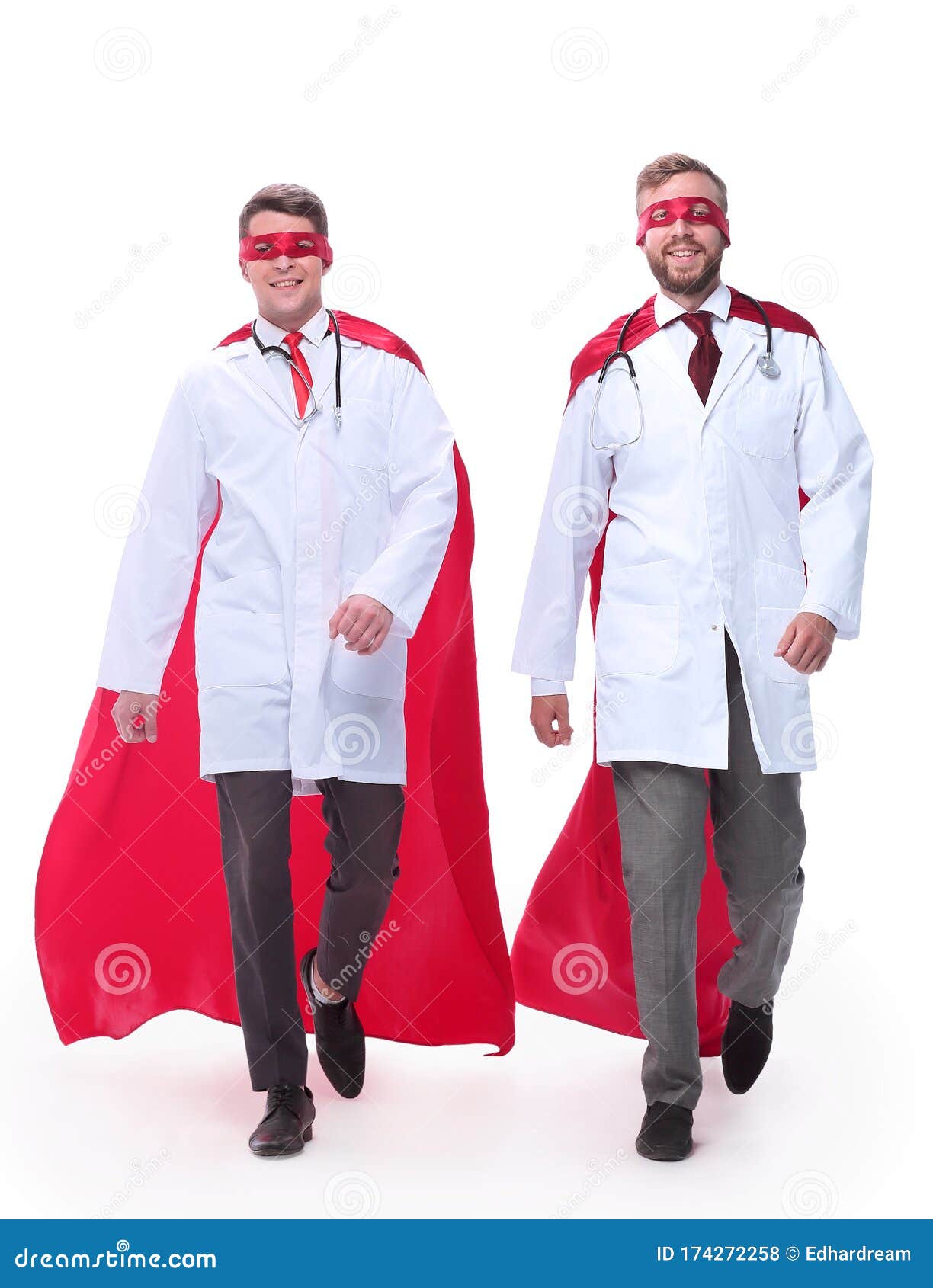 In Full Growth. Two Smiling Super Doctor Confidently Go Forward Stock ...