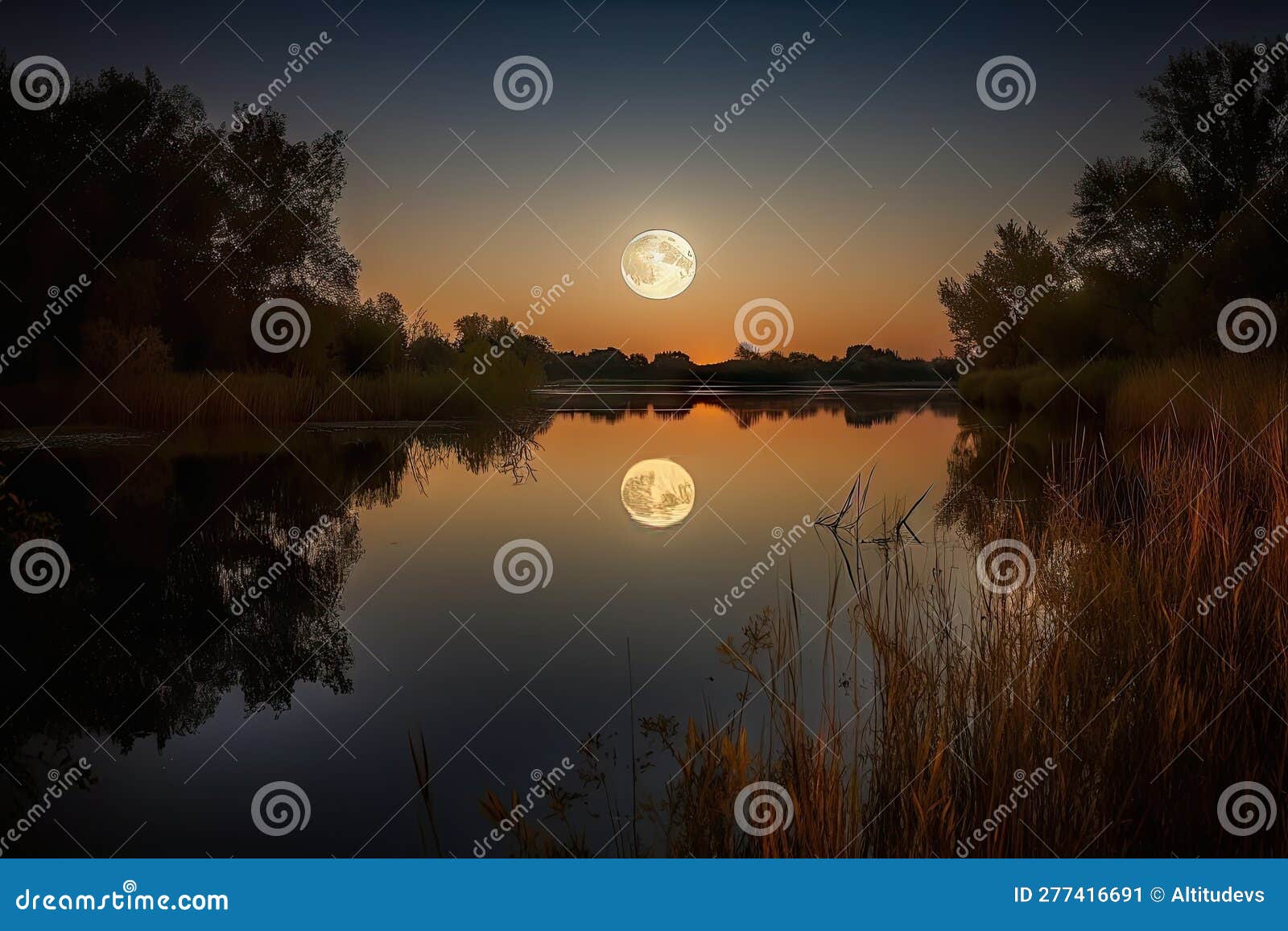 Full Harvest Moon Shining Over Tranquil Lake Stock Image - Image of ...