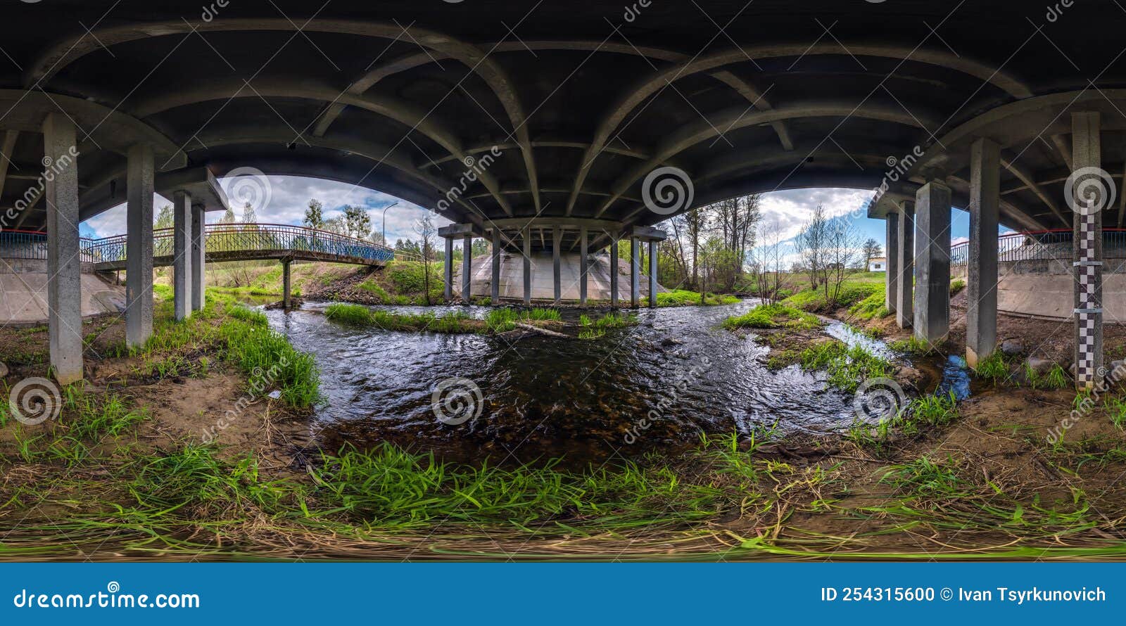 Full Hdri 360 Panorama Under Concrete Bridge with Columns Across Small ...