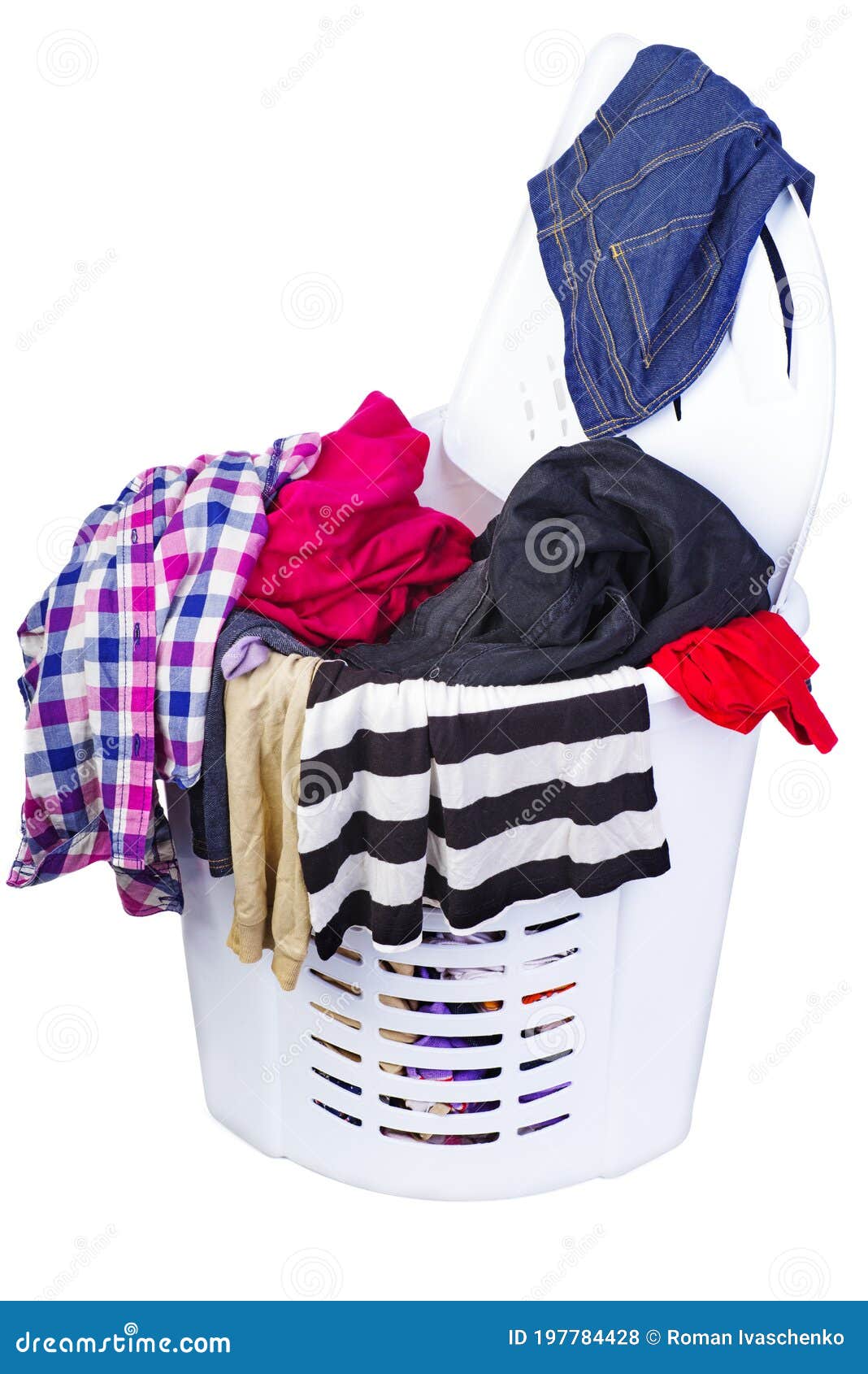 Full Laundry Basket Isolated on White Stock Photo - Image of colorful ...