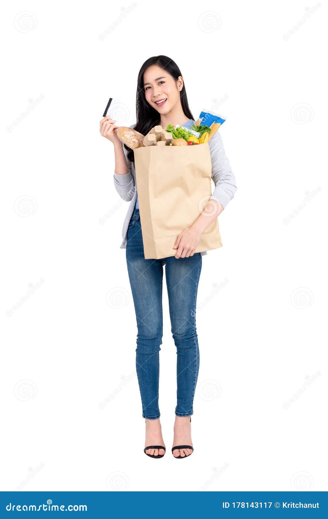 Smiling Asian Woman Holding Grocery Shopping Bag Stock Image Image Of