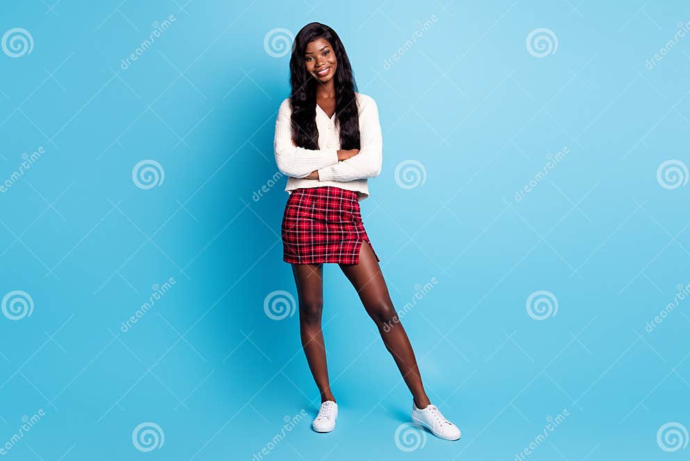 Full Length Body Size Photo Black Skinned Girl In Checkered Skirt With