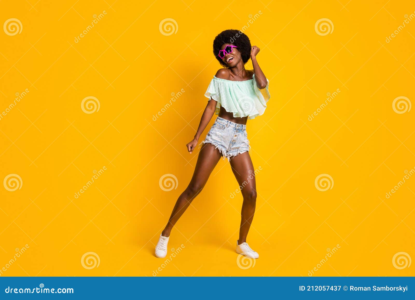 Full Length Body Size Photo Of Black Skinned Girl Dancing In Wearing