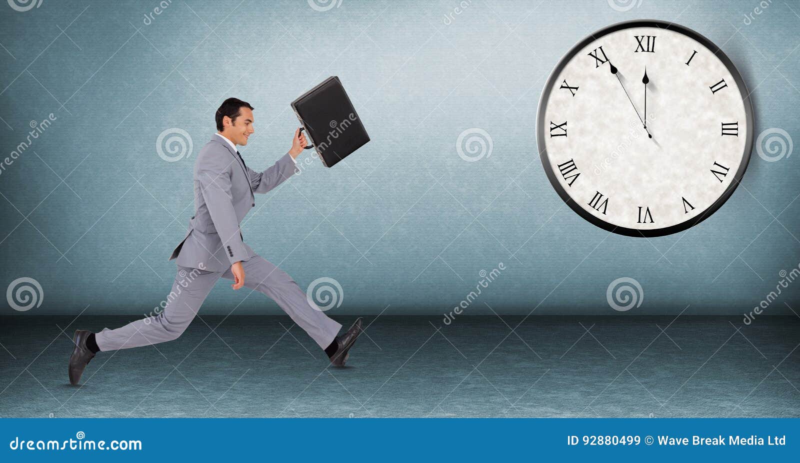 Full Length of Businessman Running Late with Clock in Background Stock ...