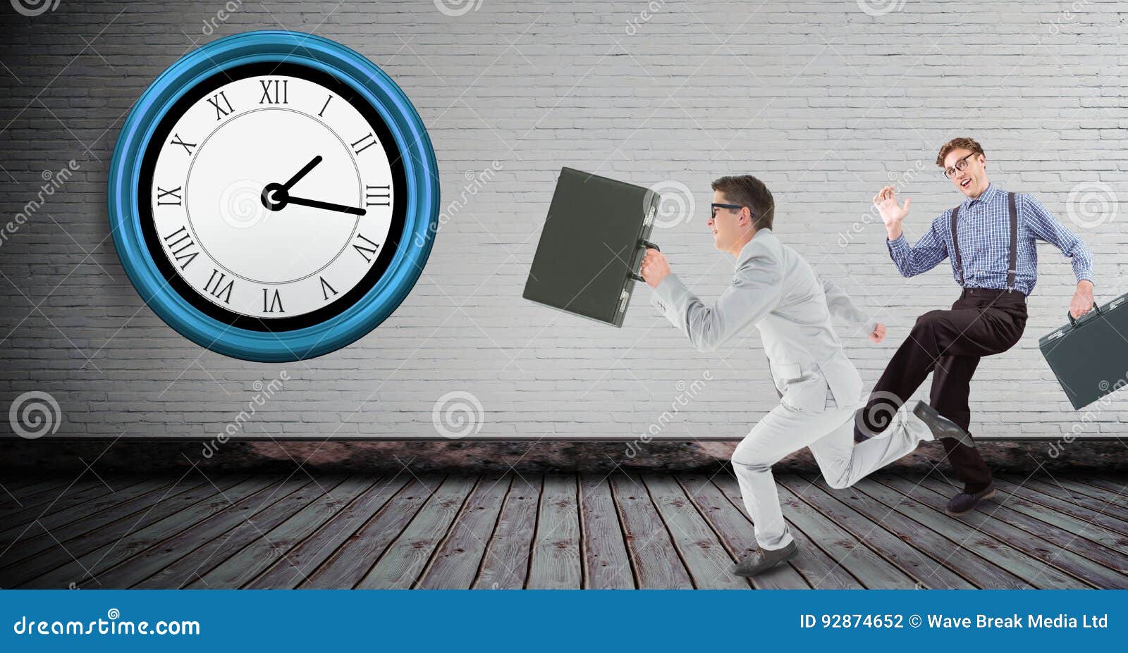Full Length of Businessmen Running Late with Clock on Wall Stock Photo ...