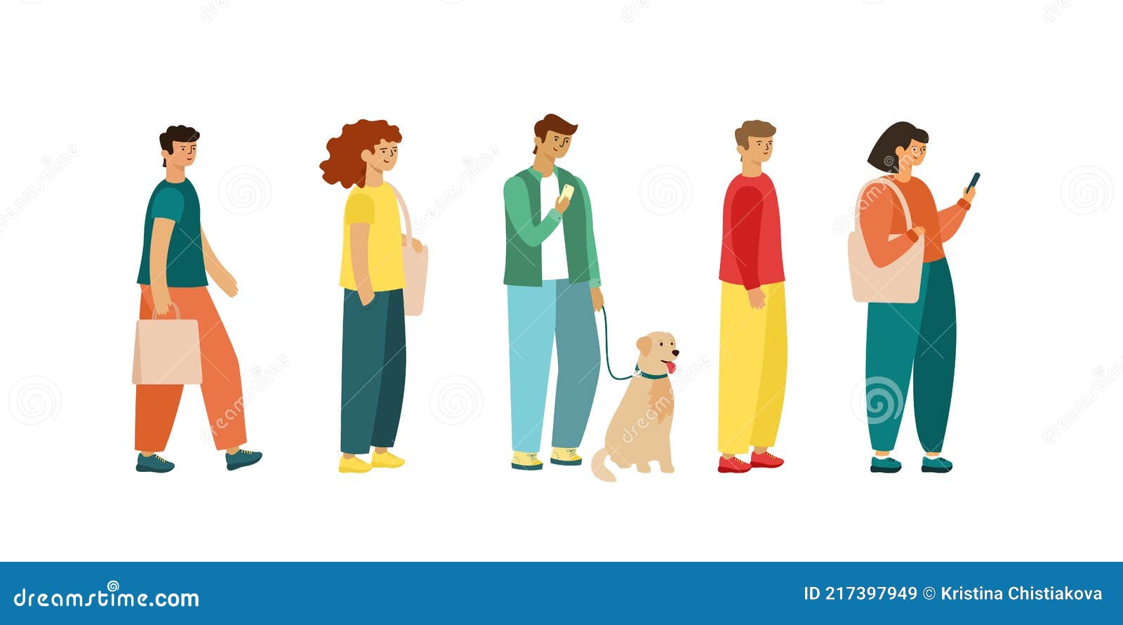 Full Length of Cartoon People Standing in Line. Flat Vector ...
