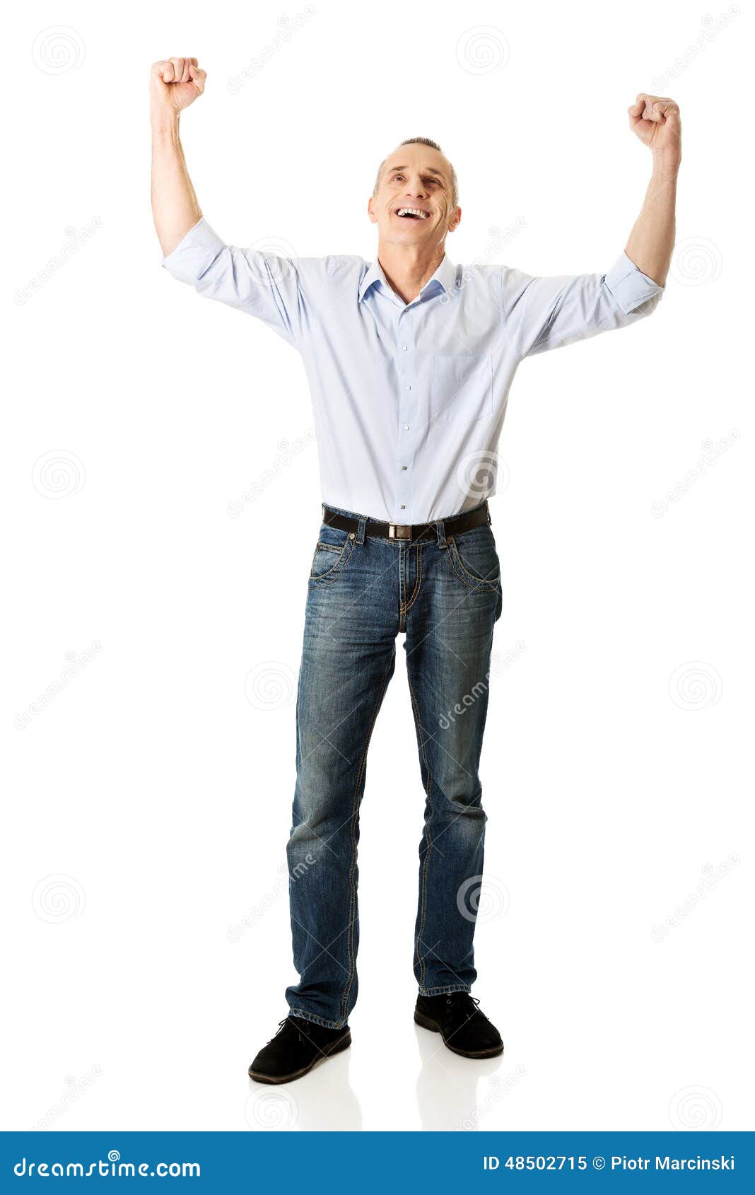 Full Length Cheerful Man with Hands Up Stock Image - Image of ...