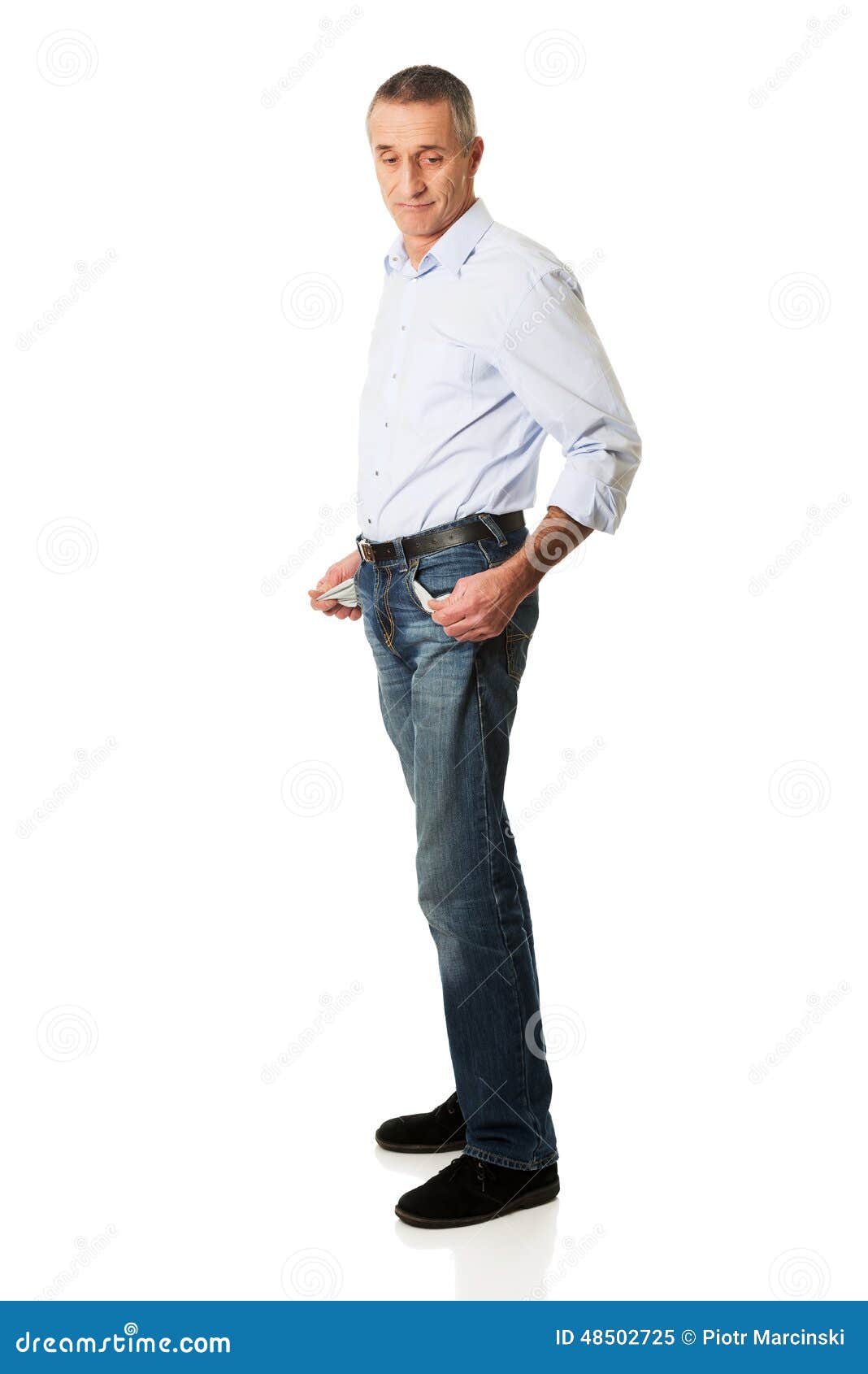 Full Length Confused Man Showing His Empty Pockets Stock Image - Image ...