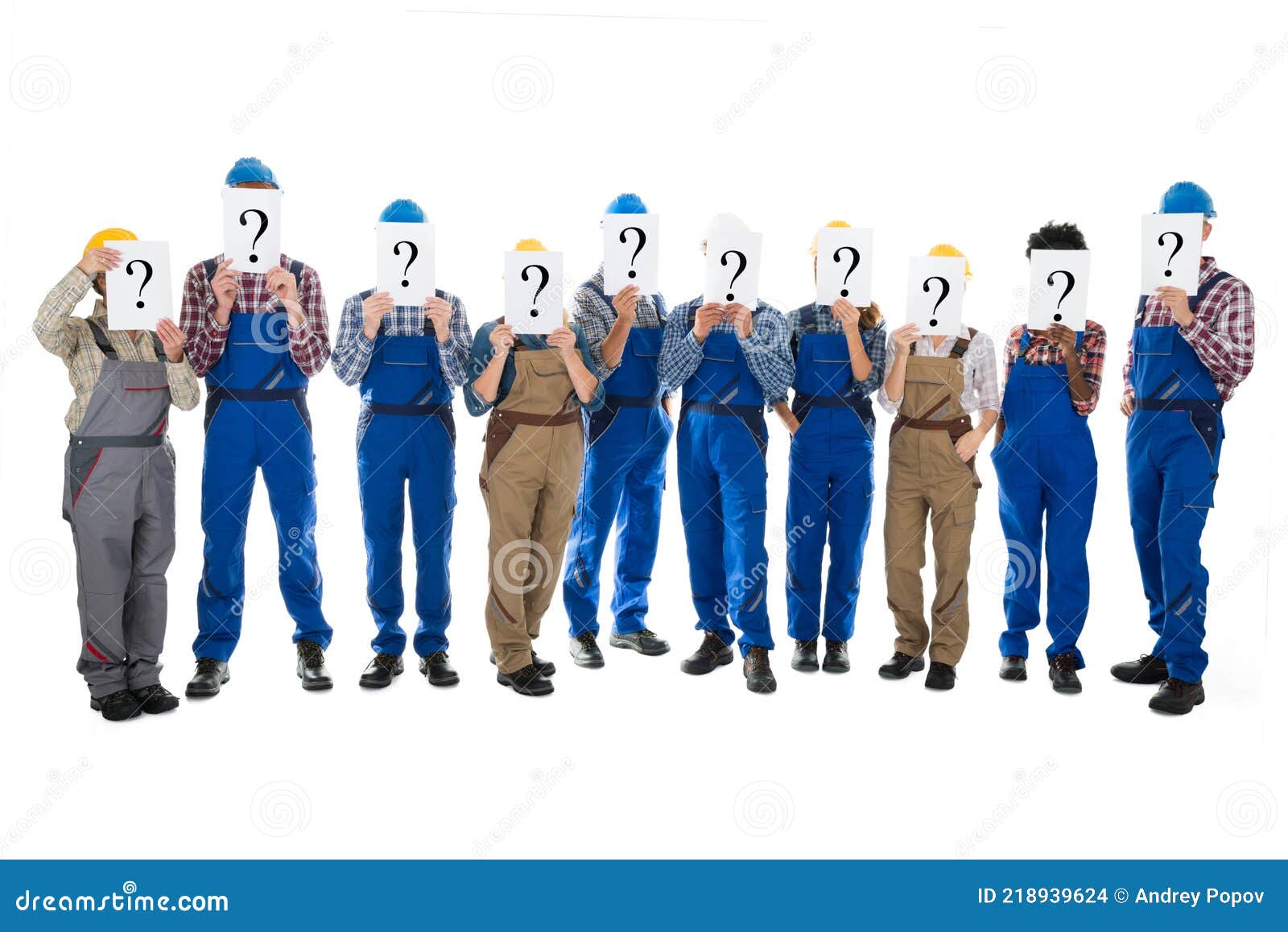 Construction Workers Hiding Faces with Question Mark Signs Stock Photo ...