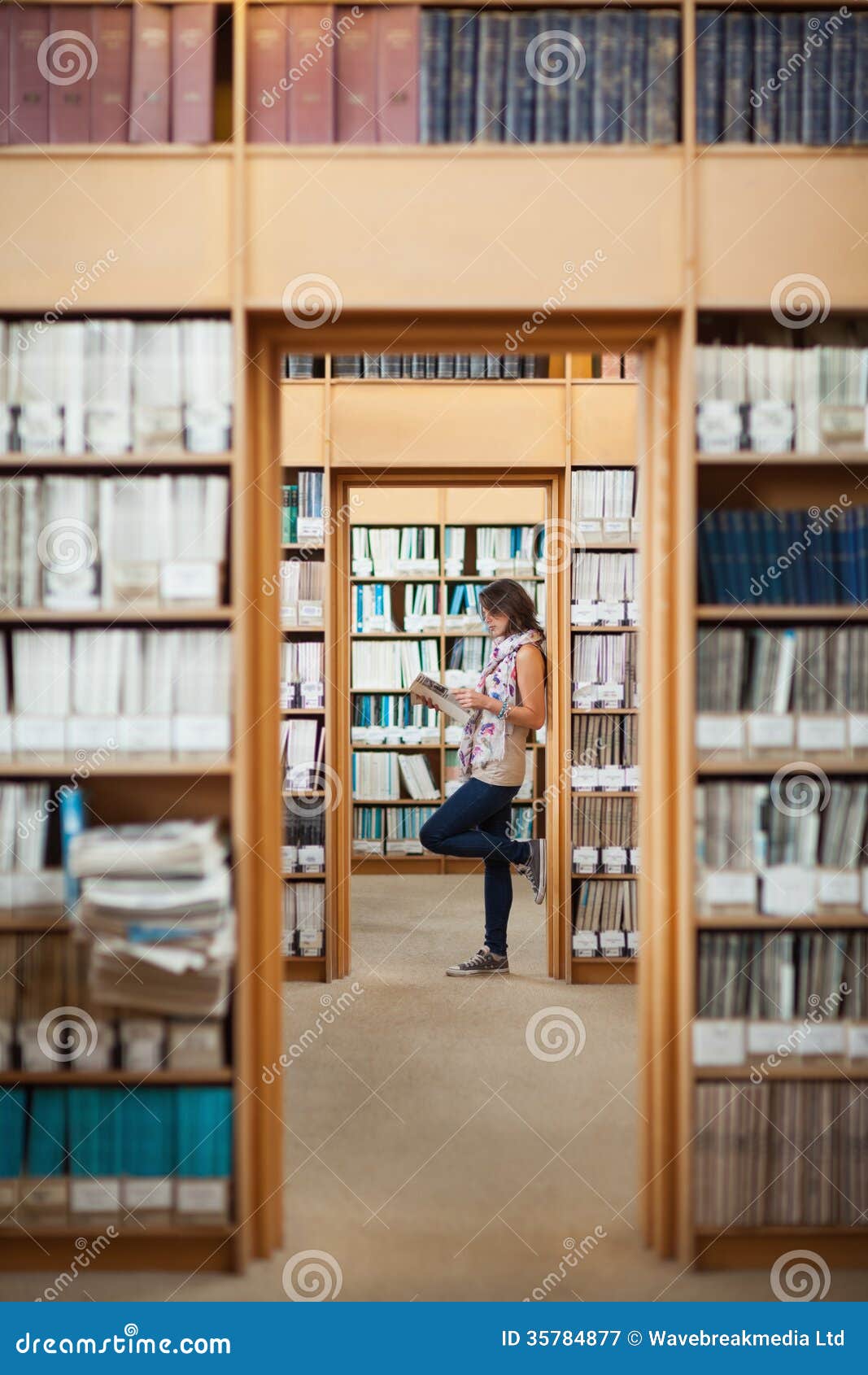 Full Length of a Female Student Reading a Book in Library Stock Image ...