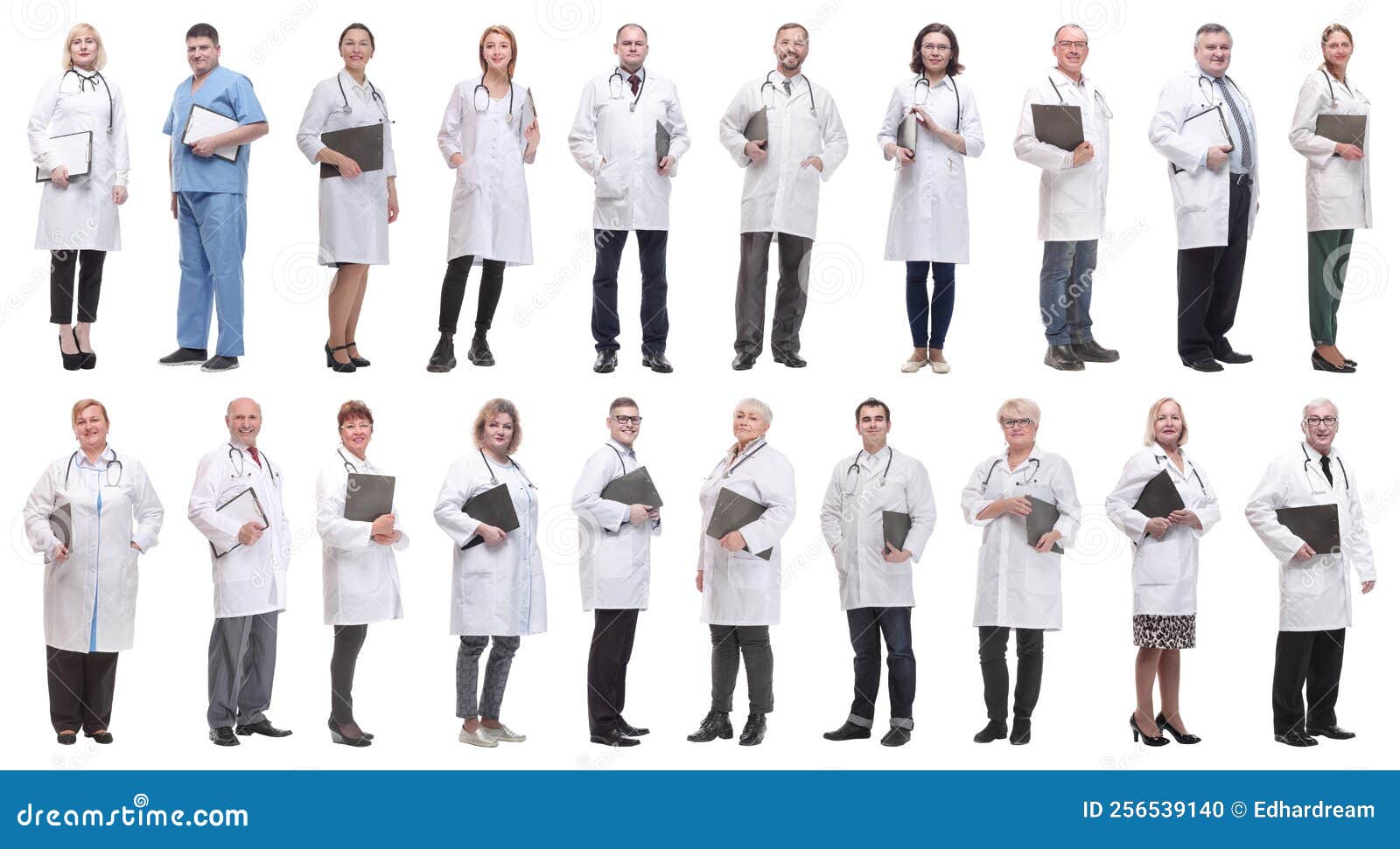 Full Length Group of Doctors with Notepad Isolated Stock Photo - Image ...