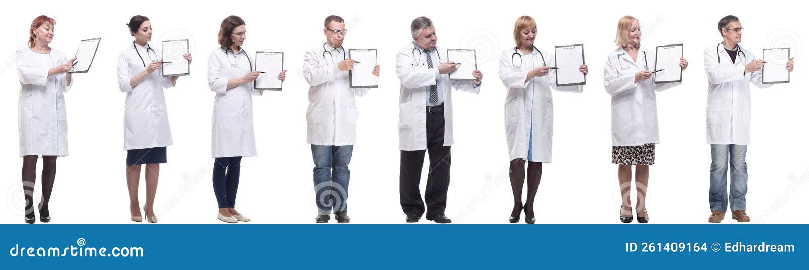 Full Length Group of Doctors with Notepad Isolated Stock Photo - Image ...