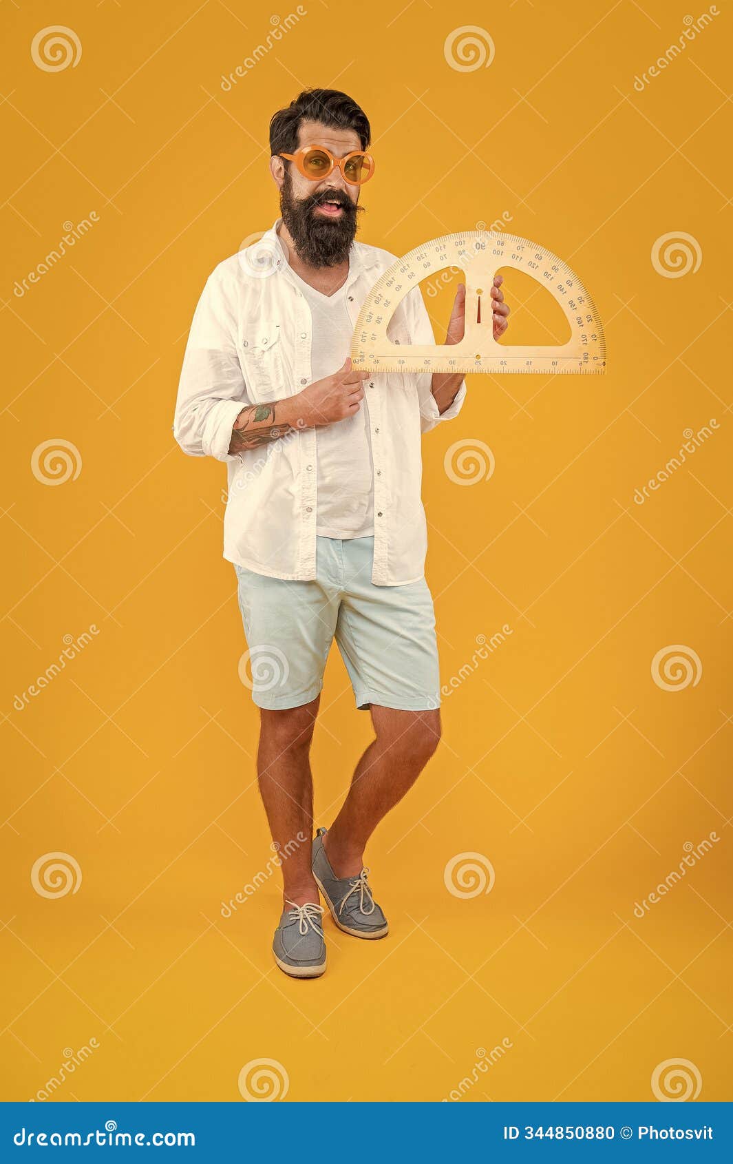 Full Length of Man Hold Geometry Protractor in Studio. Man Hold ...