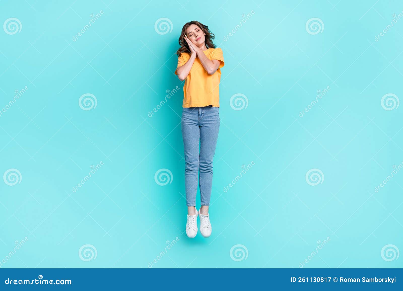 Full Length Photo Of Adorable Dreamy Lady Wear Yellow T Shirt Jumping