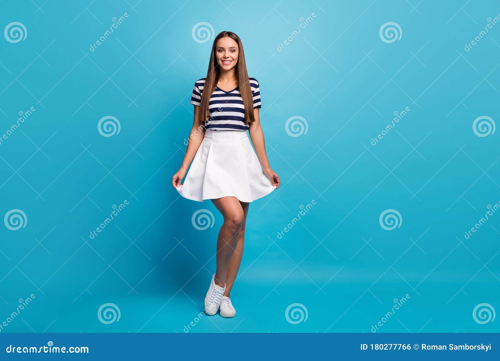 Full Length Photo Of Cute Lady Traveler Wavy Skirt Good Mood Long