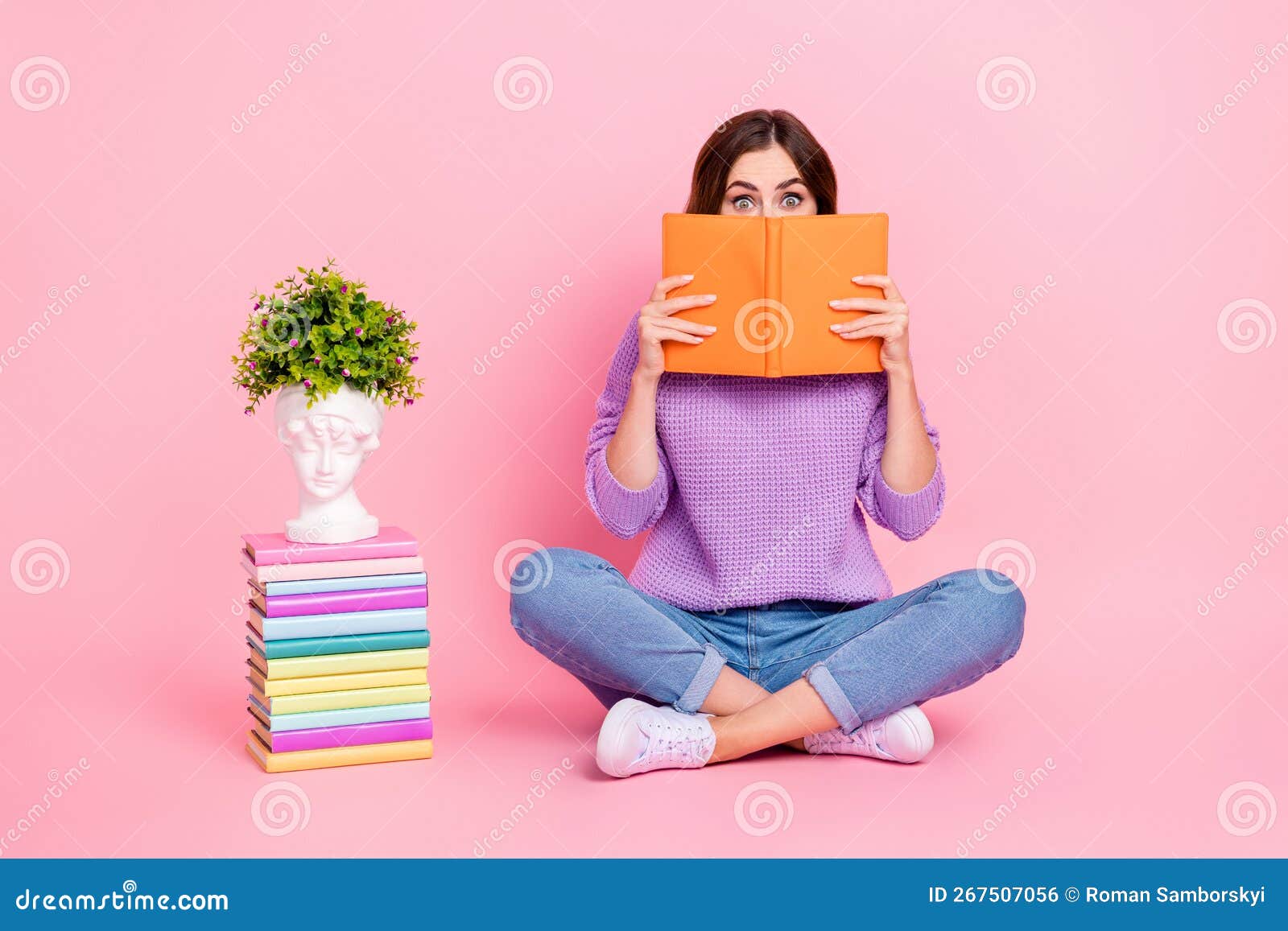 Full Length Photo Of Funny Impressed Lady Wear Violet Sweater Book Pile
