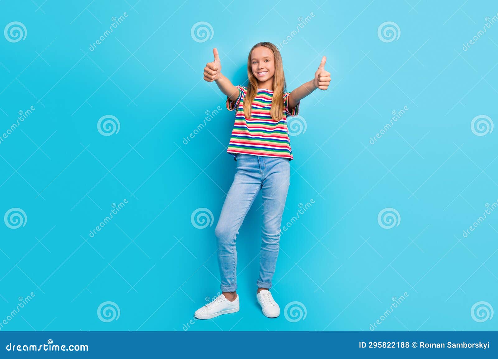 Full Length Photo Of Good Mood Schoolgirl Dressed Striped T Shirt Jeans