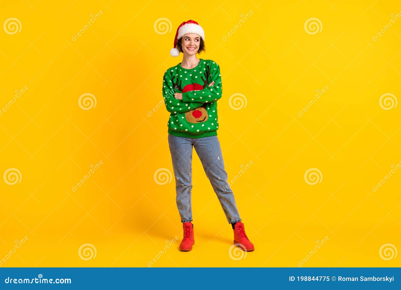 Full Length Photo Positive Girl Santa Claus Cap Look Copyspace Cross