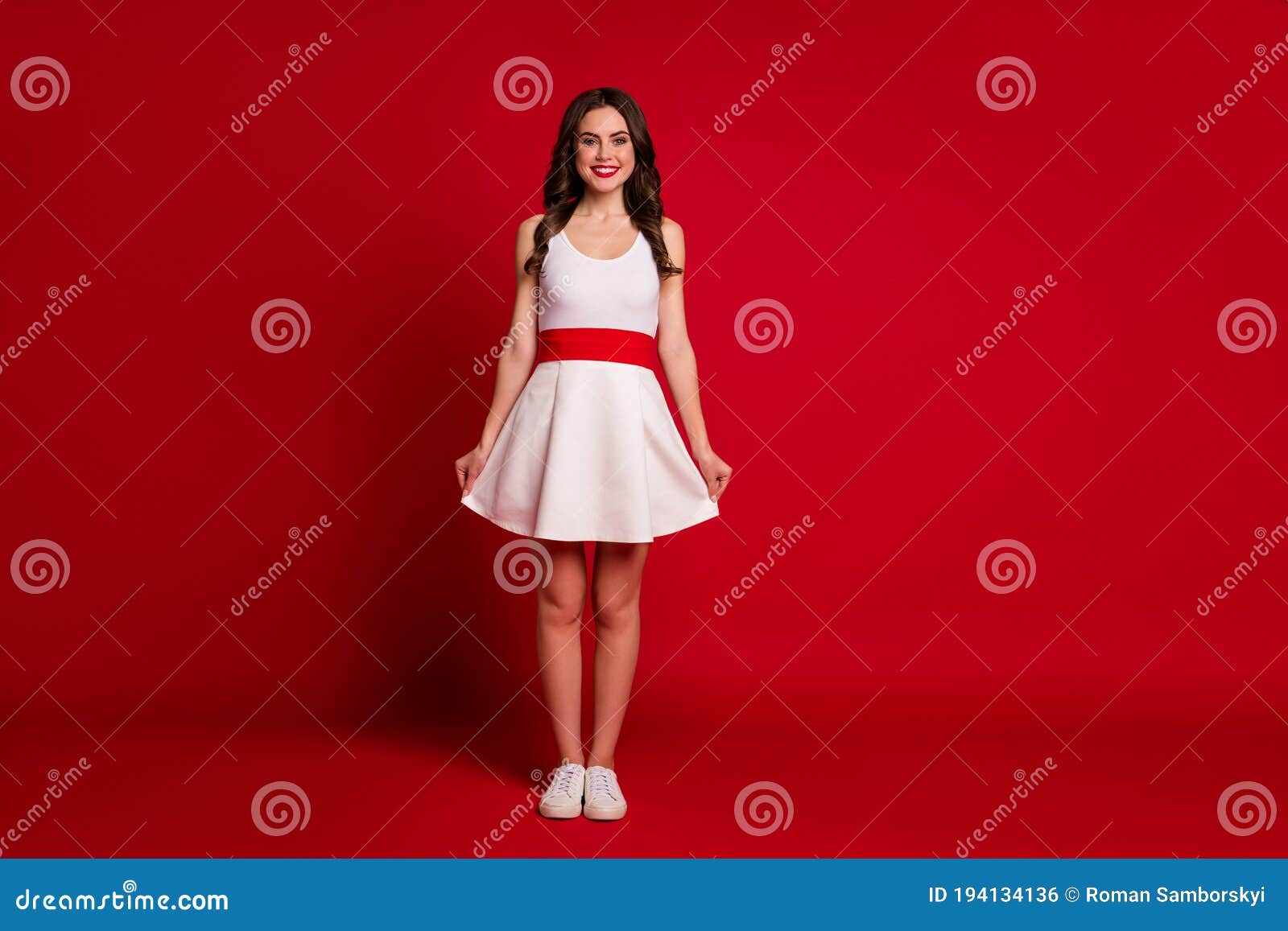 Full Length Photo Of Pretty Cute Lady Hold Wavy Skirt Good Mood Toothy