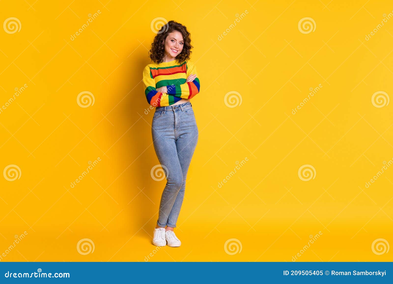 Full Length Photo Of Pretty Girl Folded Hands Wear Striped Cropped