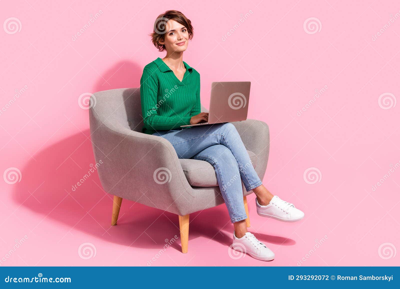 Full Length Photo Of Young Programmer Girl Using Digital Computer Browsing Internet And