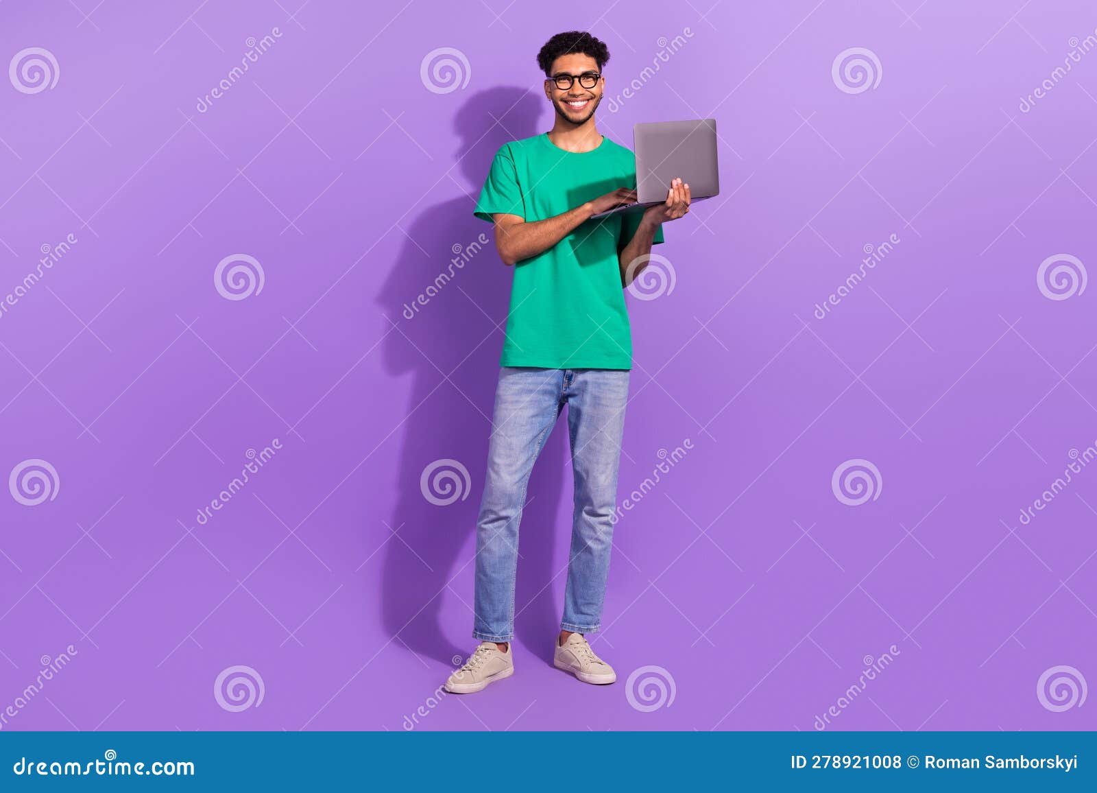 Full Length Photo of Young Student Guy Wear Glasses Hold Laptop ...