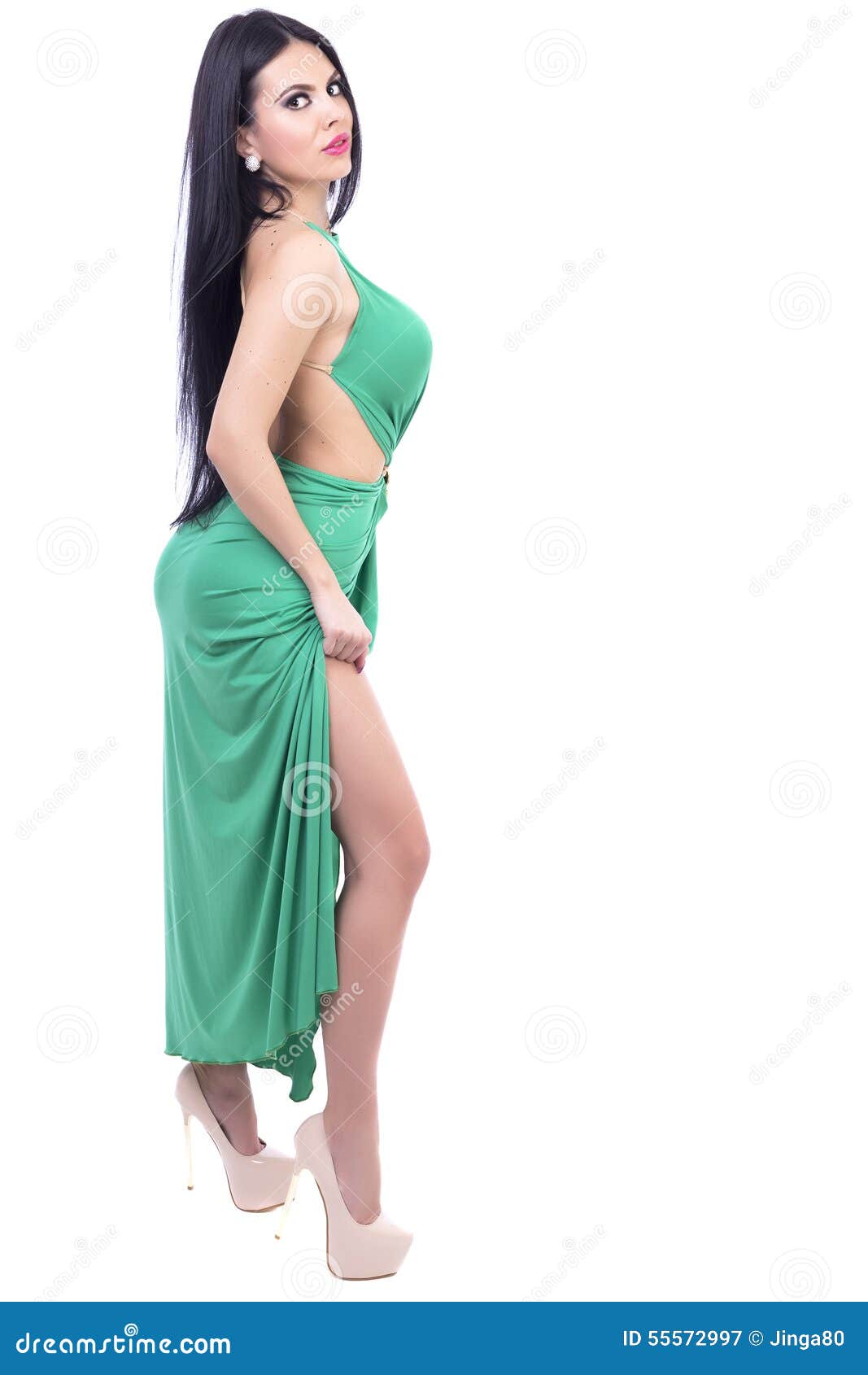 Full Length Portrait Of Beautiful Brunette Woman Wearing A Green Stock