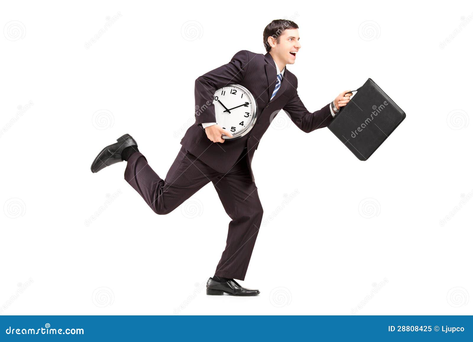 Full Length Portrait of a Businessman Running with Clock and Briefcase ...