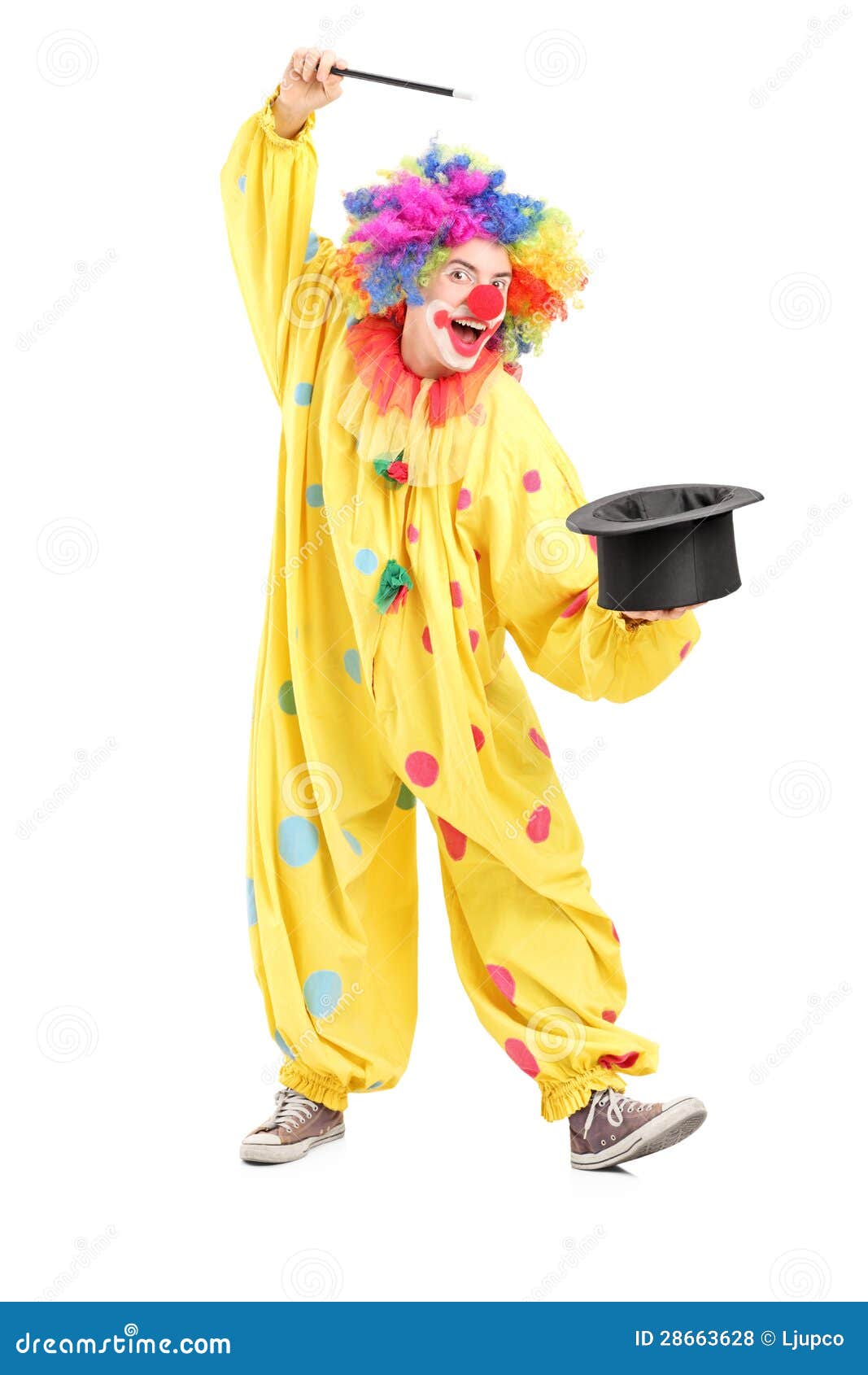 Full Length Portrait Of A Circus Clown Performing A Magic Trick Stock ...
