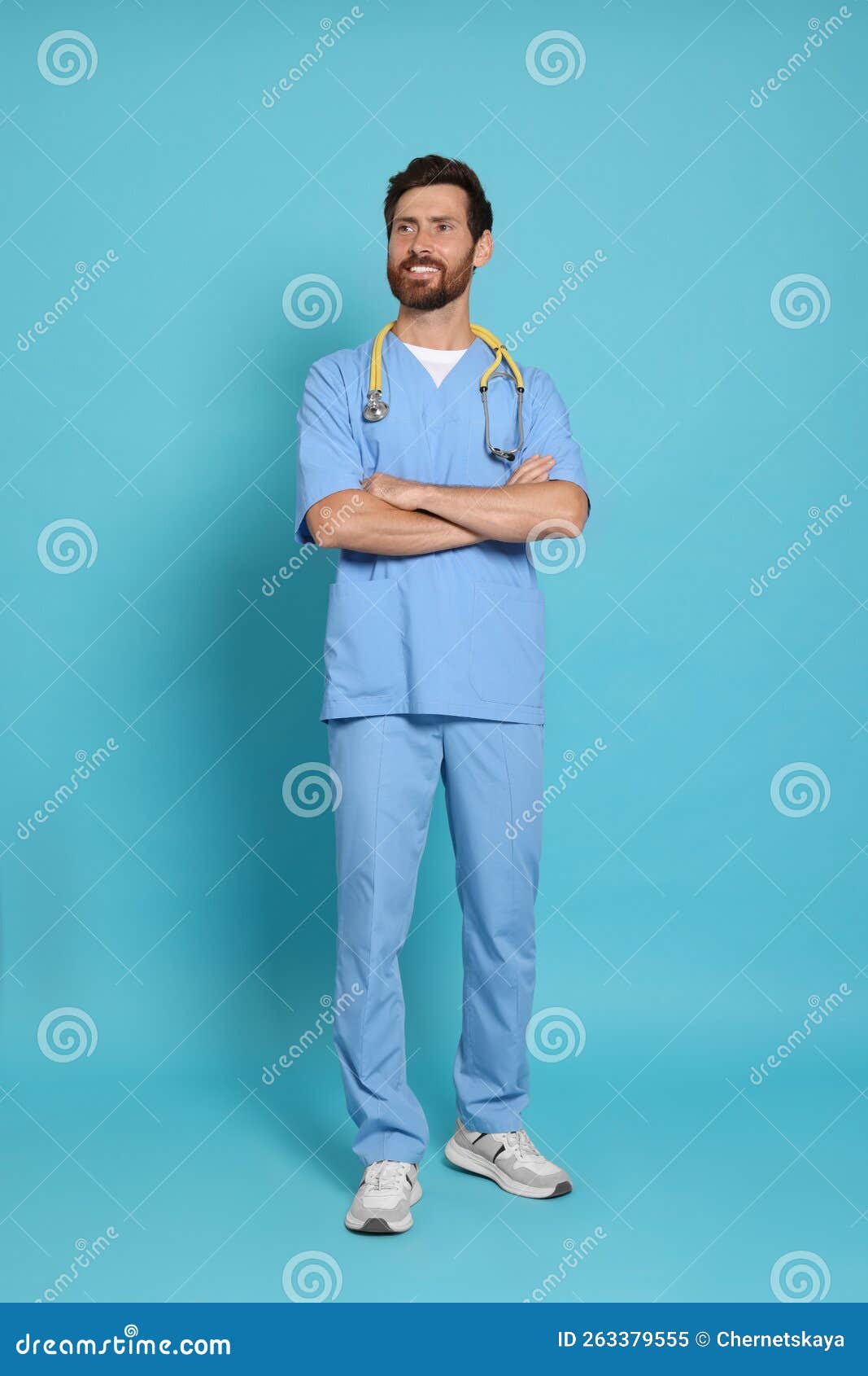 Full Length Portrait of Doctor on Light Blue Background Stock Image ...