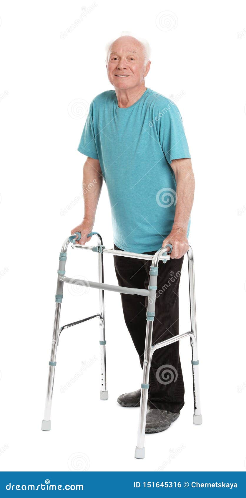 Full Length Portrait of Elderly Man Using Walking Frame Stock Photo ...