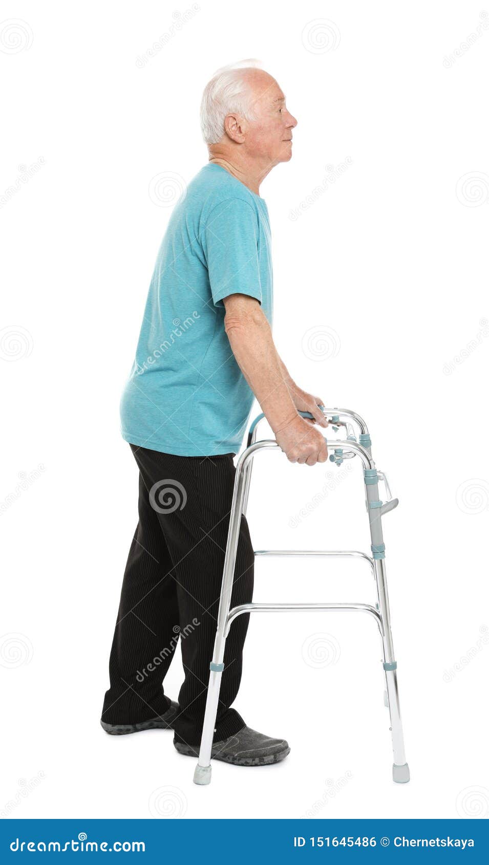 Full Length Portrait of Elderly Man Using Walking Frame Stock Photo ...